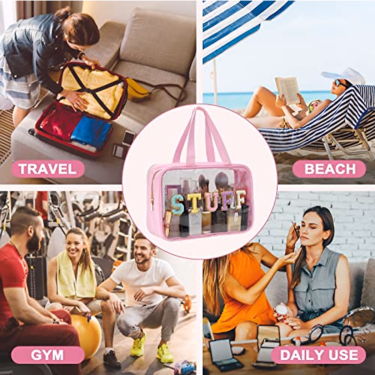 Yowivon Clear Tote Bag Pink Preppy Large Makeup Bag Travel Toiletry Cosmetic Organizer Bag with Handle, Transparent Waterproof Beach Bag Snack Stadium Bags for Women Girls
