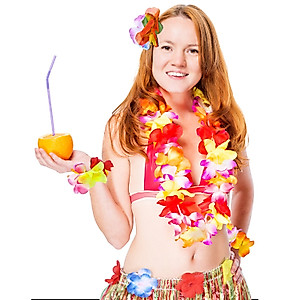 Gejoy 7 Pcs Hawaiian Luau Hula Grass Skirt with Flower Costume Set Flower Bracelet Headband Necklace Hibiscus Hair Clip Women(Red Yellow Green)