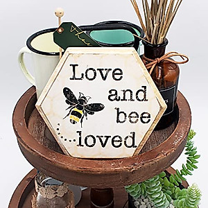 Tstarer Rustic Bee Wood Hexagon Box Sign for Wall & Tabletop - Love and Bee-loved -6.4 x 5.5 in(BEE LOVED)