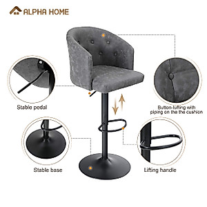 ALPHA HOME Swivel Bar Stool Adjustable Airlift Counter Height Bar Stool Kitchen Dining Cafe Hydraulic PU Leather Bar Chair with Padded Back and Chromed Metal Base, Grey.1PC