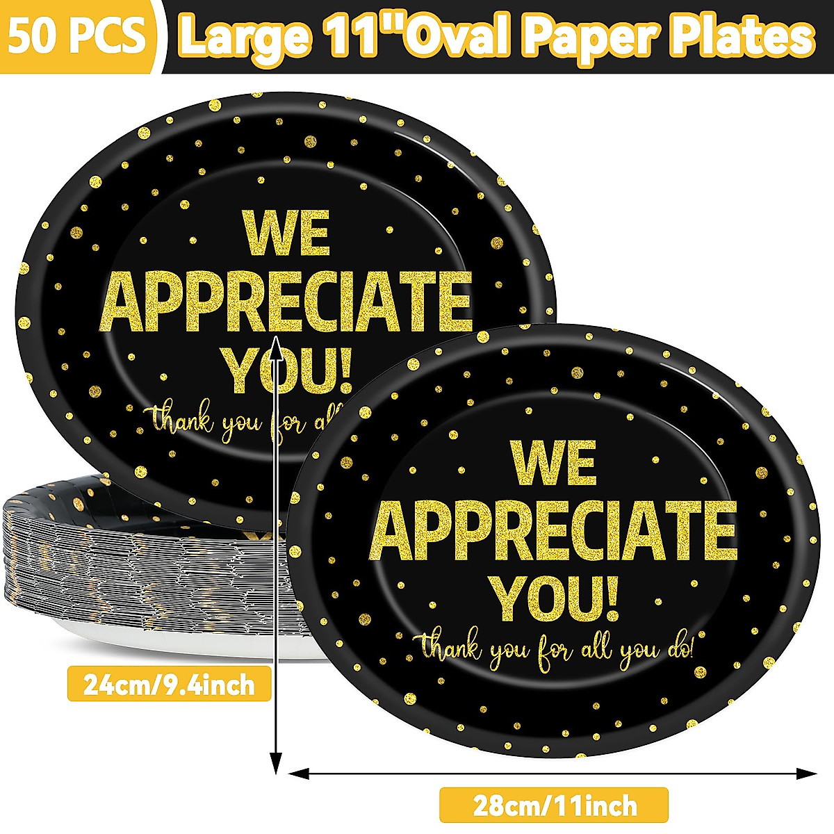 50 Pcs We Appreciate You Party Plates Thank You Paper Plate, Large 11 Inch Black and Gold Appreciation Week Dessert Tableware for Employee Volunteer Teacher Doctor Staff Thank You Party Decorations