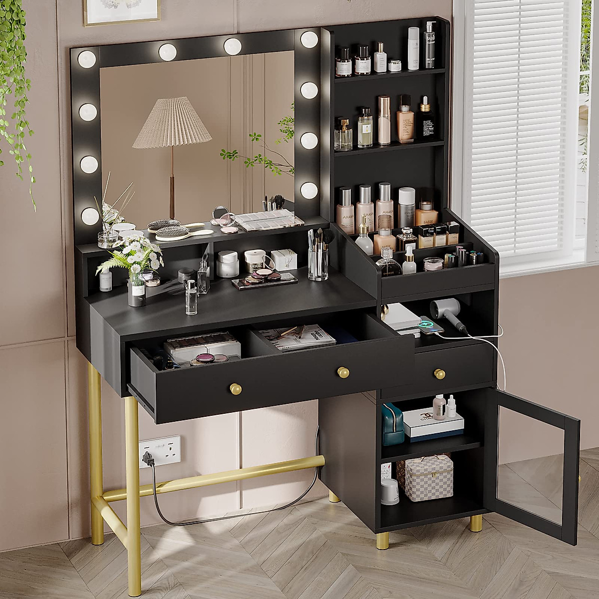 VIAGDO Black Vanity Desk with Mirror and Lights, Makeup Vanity with Charging Station & 3 Storage Compartments, Makeup Desk with Drawers and Open Storage Shelves, Bedroom Dressing Table