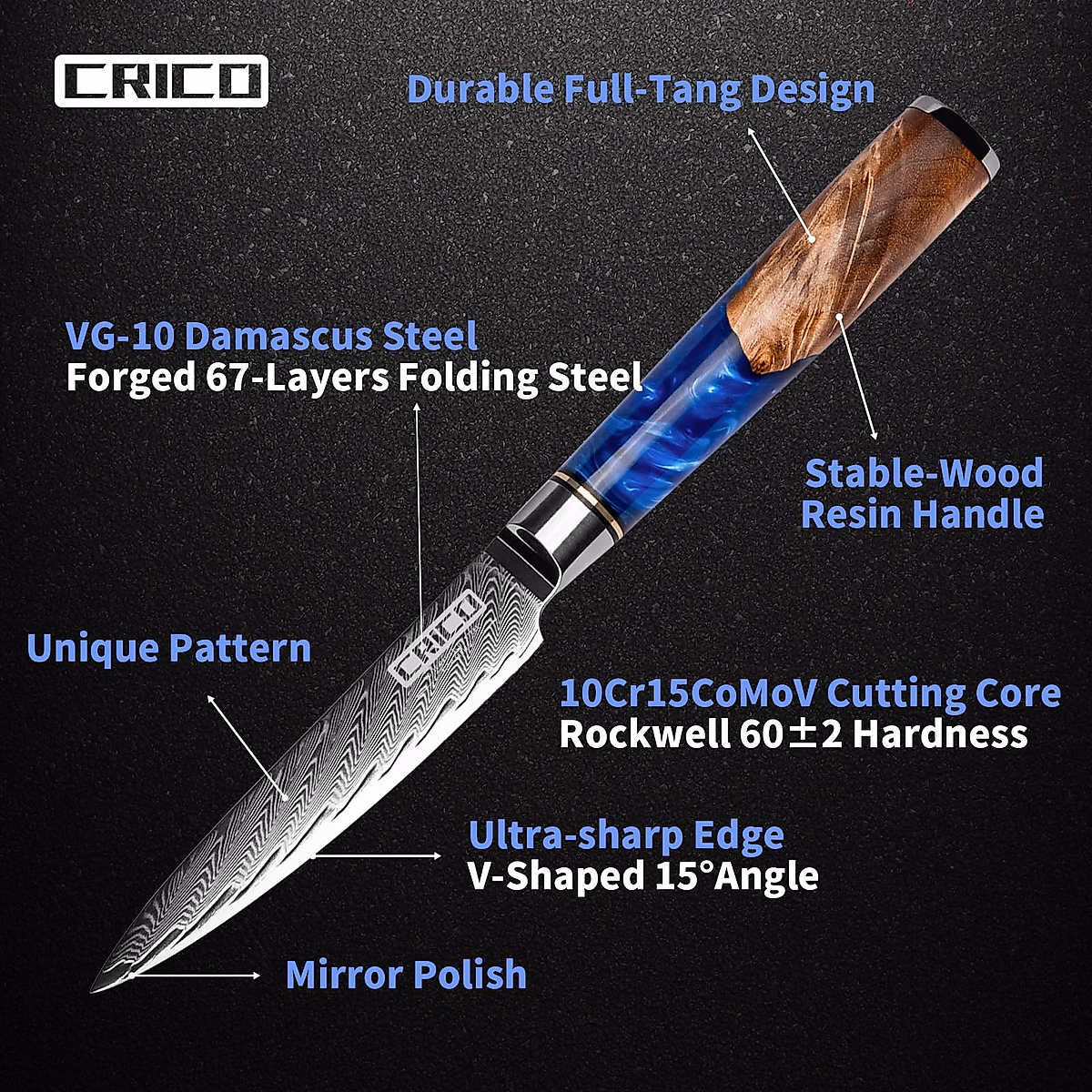 CRICO Paring Knife 5 inch, Kitchen Utility Knife, Fruit Paring Knives, VG10 Damascus Super Steel Forged 67-Layers, Full Tang Wood&Resin Handle, Gift Box - Flow Series