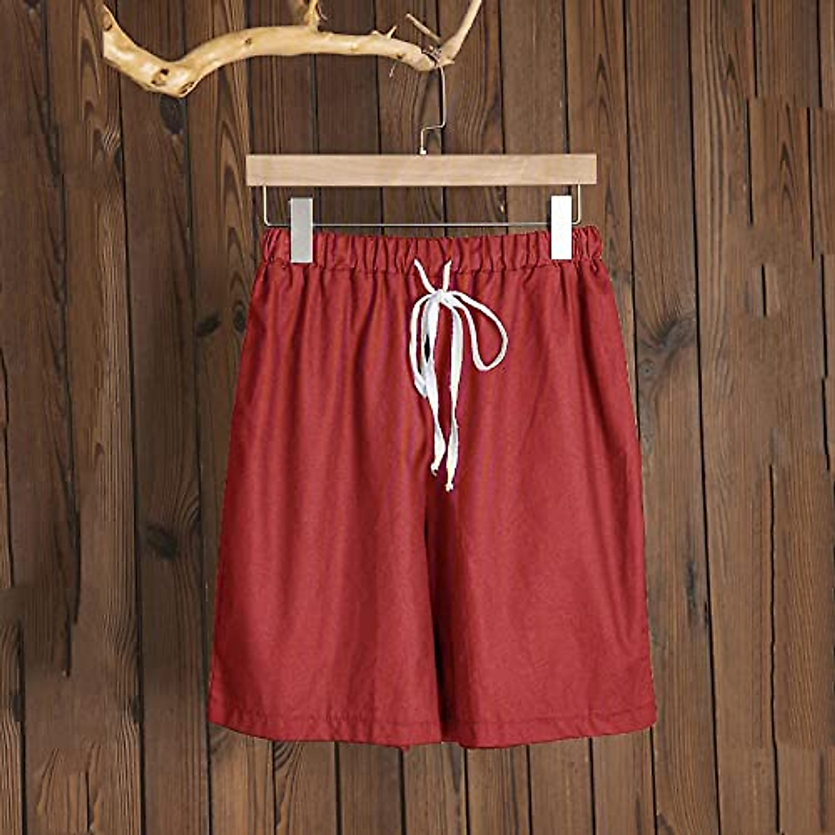 HCNTES Womens Bermuda Shorts Women Summer Shorts, Women Solid Shorts Loose Casual Wide-leg Women's Cotton Linen Shorts Drawstring Breathable Pants Red