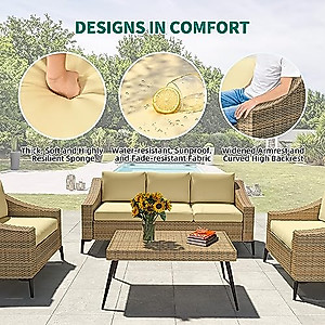 YITAHOME 4 Piece Patio Furniture Set, Outdoor Sectional Sofa PE Rattan Wicker Outside Couch with Table and Cushions, All-Weather Rattan Patio Conversation Set for Porch Lawn Garden Backyard - Khaki