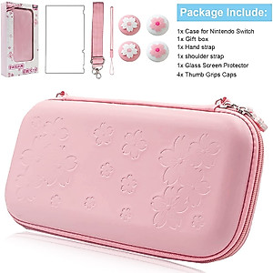 HLRAO Pink Bag Compatible with Nintendo Switch(NOT OLED/Lite), Sakura-Design Shell, Solid Portable Storage Bag, Shockproof, with HD Glass Screen Protector, and 4 Sakura Thumb Grip Caps.