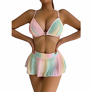 SHENHE Women's Sexy Mini Skirt Lingerie Set Babydoll Bralette Wireless Bra and Panty Multicolor