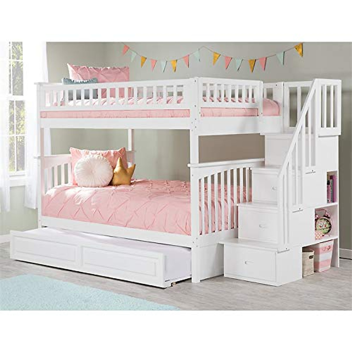 Atlantic Furniture AB55832 Columbia Staircase Bunk Bed with Raised Panel Trundle Bed, Full/Full, White