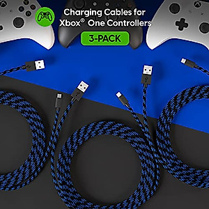 TALK WORKS Charging Cable Compatible with Xbox One Controller - 6-Foot Long Fast Charger Cord Micro USB for X-Box 1 - Heavy-Duty, Braided Black-Blue (3 Pack)