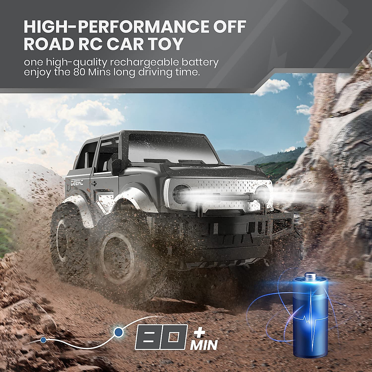 DEERC Remote Control Jeep Car with Realistic Headlight & Taillight, 160 Mins Play SUV Vehicle with Spare Tire, 2.4Ghz 1:18 All-Terrain Monster Trucks for Boys, Off-Road RC Trucks Gift for Kids