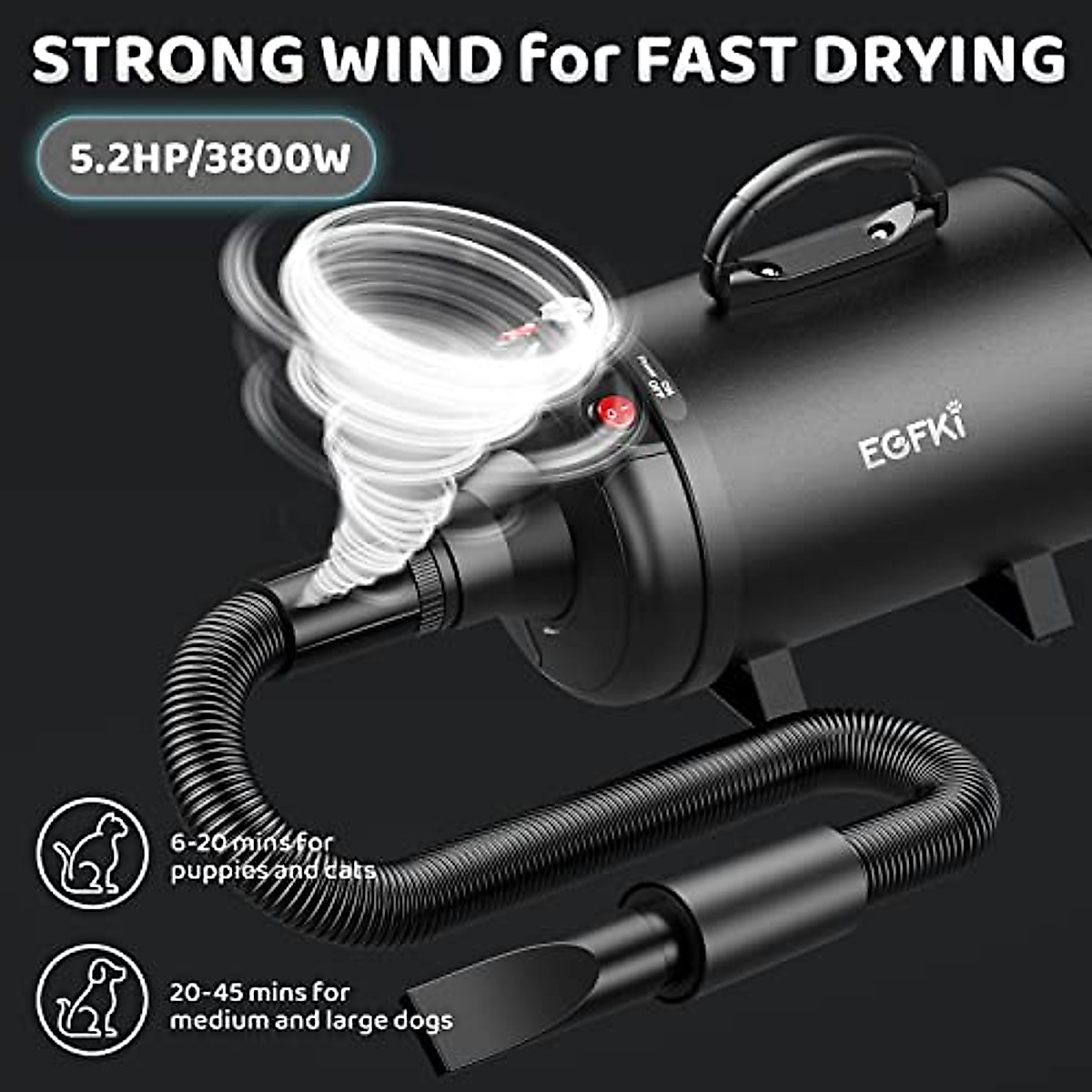 EGFKI Dog-Hair-Dryer, 5.2HP/ 3800W High Velocity Pet Blow Dryer with Heater for Grooming, Speed Temperature Adjustable Dog Blower Grooming Dryer with 4 Nozzles