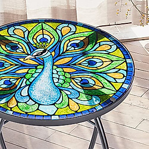MUMTOP Outdoor Side Table - Small Mosaic Patio Table, Peacock 14” Round Accent End Coffee Table Glass Plant Stand for Garden Patio Living Room(Green)