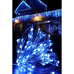 XUNATA Solar String Lights, 66Ft 200 LED 8 Modes Copper Wire Indoor Outdoor Starry String Lights, Waterproof Solar Decoration Lights for Gardens, Homes, Parties (Blue)