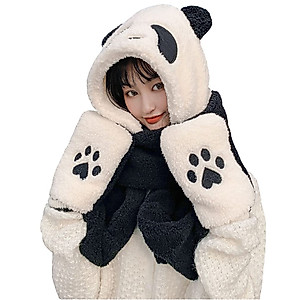 Women Girls Cute Panda Animal Winter Hats 3 in 1 Warm Soft Plush Hoodie Cap Gloves Mitten Scarf Set Cold Weather Earmuff Headbands Costume Holiday Christmas Gift for Adults Kids (Shy Face Panda)