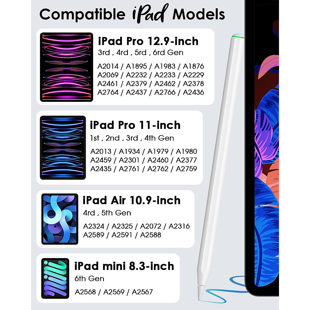 Stylus Pen for iPad ，Same as Apple Pencil 2nd Generation，Pencil 2nd Gen Magnetic Wireless Charging Compatible with Apple iPad Pro 11 in 1/2/3/4, iPad Pro 12.9 in 3/4/5/6, iPad Air 4/5, iPad Mini 6