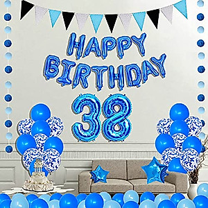 Succris 38TH Blue Theme for 38 Years Old Birthday Party Supplies Blue Happy Birthday Banner Blue Circle Dots Garland Paper Hanging Triangle Flag Banner Confetti balloons Number 38 Blue