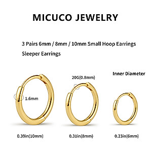 micuco Small Hoop Earrings for Women Tiny Cartilage Hoop Earrings for Men Helix Daith Tragus Ear Hugging Hoop Earrings 14K Gold Plated 6mm 8mm 10mm