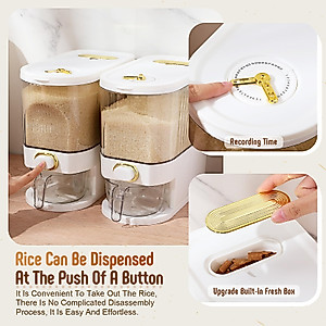 Singhoow 2 Pcs 11lbs Rice Storage Container Large Rice Dispenser with Time Scale Cereal Dry Food Dispenser Rice Holder with Rice Washing Spoon and Cleaning Brush for Kitchen, Clear and Ivory White