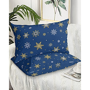 Edwiinsa Navy Gold Snowflake Pillow Covers King Standard Set of 2 Bed Pillow, Plush Soft Comfort for Hair/Skin Cooling Pillowcases with Envelop Closure 20x36 Inches Christmas Minimalist White Blue