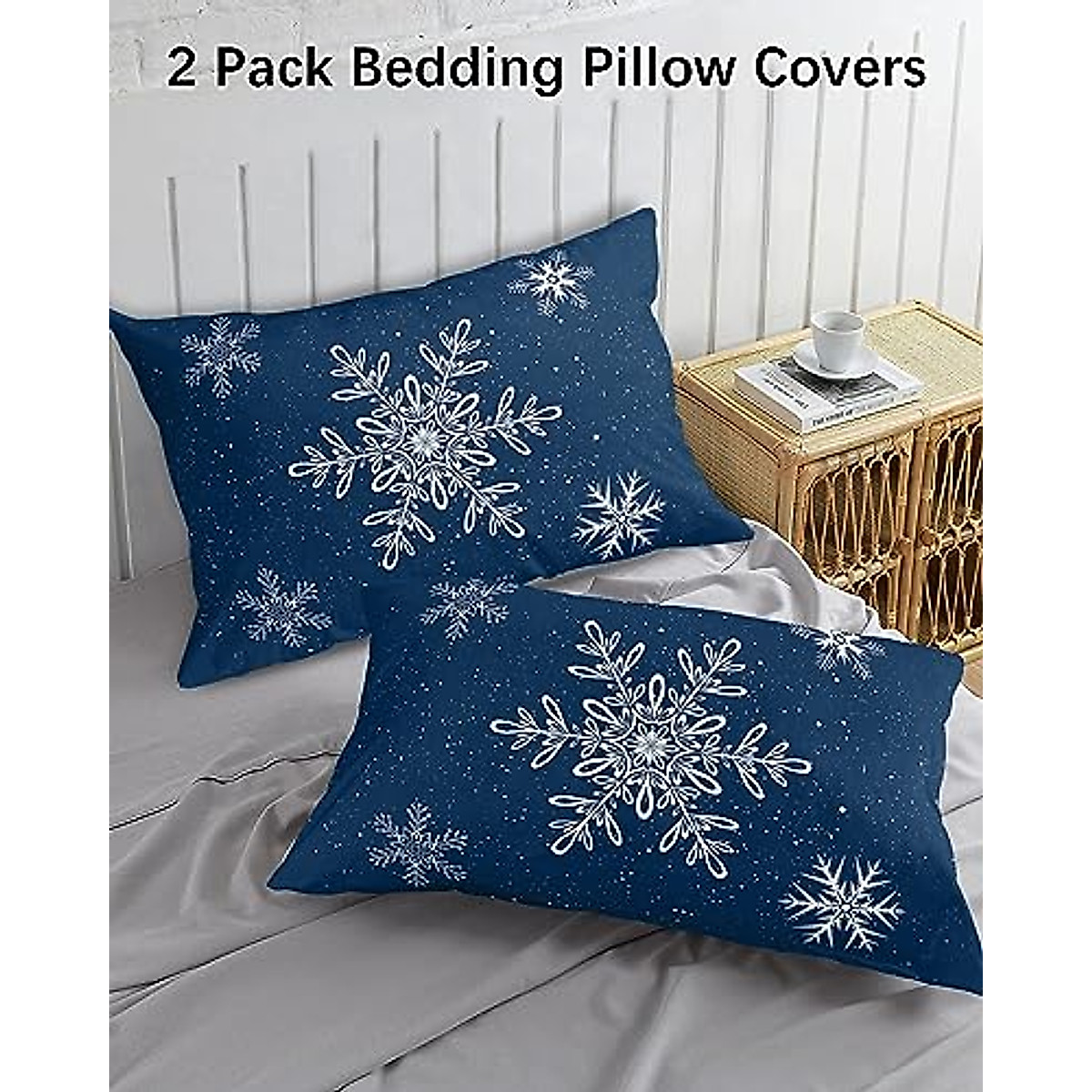 Edwiinsa White Snowflake Pillow Covers Standard Size Set of 2 Bed Pillow, Plush Soft Comfort for Hair/Skin Cooling Pillowcases with Envelop Closure 20x26 Inches Winter Christmas Holiday Blue