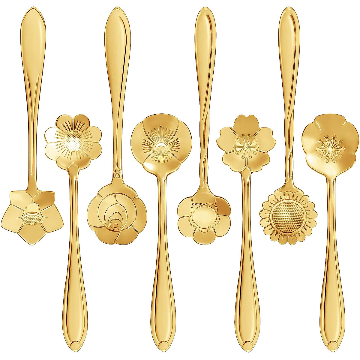 Maitys 16 Pieces Stainless Steel Flower Coffee Spoon Dessert Spoon Sugar Spoon Ice Cream Spoon Stirring Spoon Tea Spoon Milkshake Spoon Set for Tableware Kitchen, Cafe or Bar (Gold)