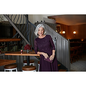 Alex Evenings Women's 3/4 Sleeve Stretch Lace Bodice One Piece Mother of The Bride Dress (Petite and Regular Sizes), Deep Plum, 8