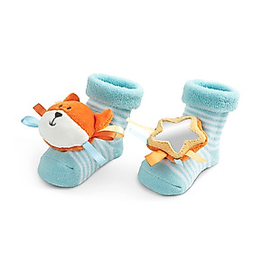 DEMDACO Fox 3-6 Months Blue and Orange Baby Rattle and Mirror Activity Sock Set
