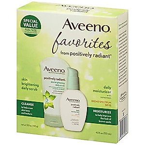 Aveeno Positively Radiant Morning Radiance Skin Care Gift Set with Daily Face Scrub & Moisturizer with SPF 15 Sunscreen, Helps Brightens Skin & Evens Tone, Non-Comedogenic & Hypoallergenic, Set of 2