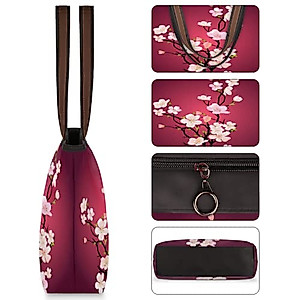 Cherry Blossom Tree Large Totes Top Handle Purse Women Shoulder Bag, Japanese Style Floral Tote Bag with Zipper Handbag for Travel School Girls