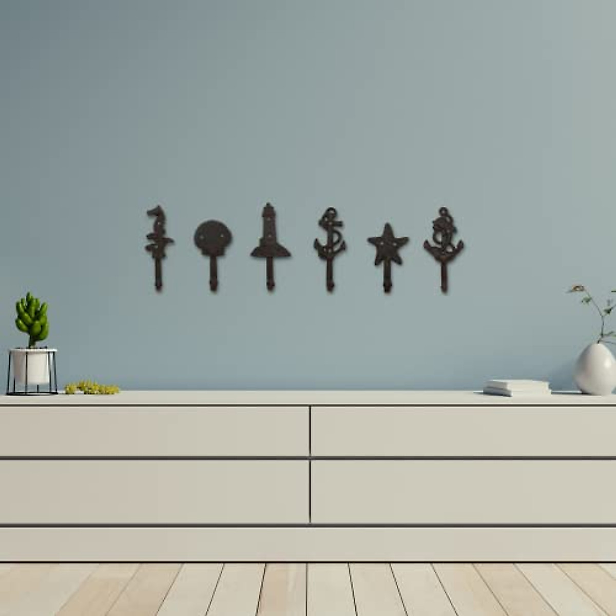 Needzo Cast Iron Nautical Hanging Hooks, Six Pack Mounted Wall Accessories for Bathroom Towels, Coats, Robes, Keys, and More, Vary from 4.5 to 6 Inches