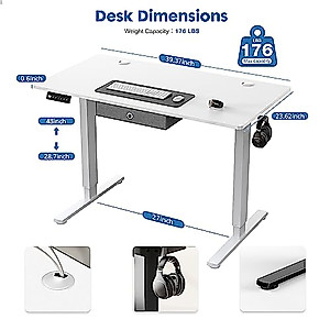 DUMOS Adjustable Height Electric Standing Desk with Drawer,40 x 24 in Ergonomic Computer Table with Splicing Board, Wire Hole and Hook for Workstation for Home, Office, White