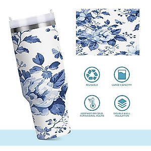 RPLIFE Blue and White Floral Tumbler with Handle and Straw, Stainless Water Bottle, Insulated Cups with Lids, Tumbler for Men