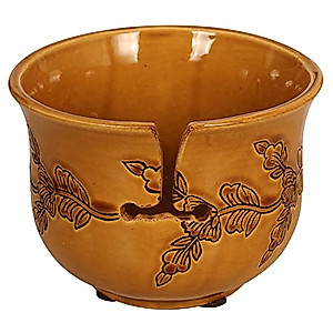 ABHANDICRAFTS Knitting Yarn Ball Storage Bowl Yellow Color Ceramic Yarn Bowl for Knitting and Crocheting with Hand Carved Floral Design
