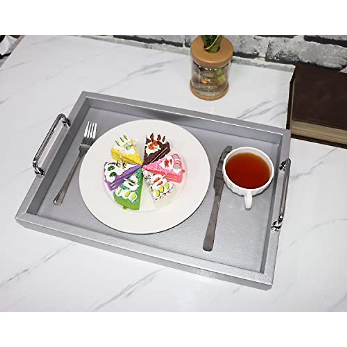 Mcbz Living & Kitchen Room Decoration Service Tray, Banquet Table & Tea Table Coffee Tray, 90° Folding Metal Handle, 17.8 x 12.3 inches (Silver)