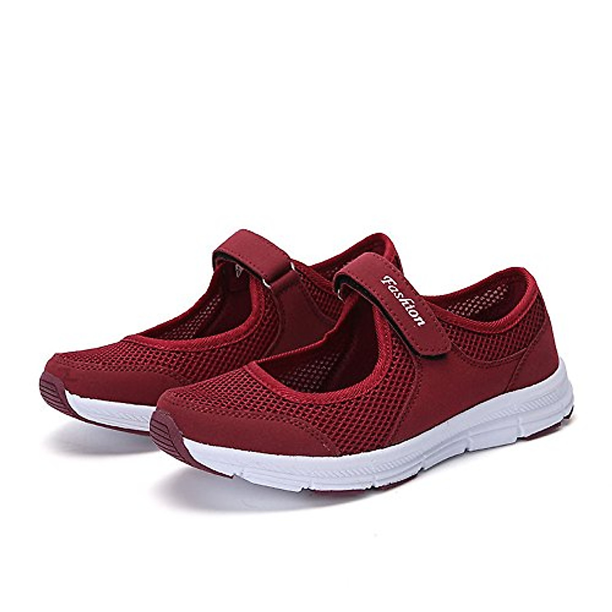 WEUIE Mary Jane Shoes for Women,Women's Comfortable Breathable Fitness Running Sports Shoes Lightweight Mesh Sneakers Wine