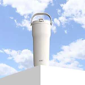 Zak Designs Sutton Travel Tumbler for On the Go, 30oz Stainless Steel with Vacuum Insulation, Straw Spout, Carry Handle for Cold Drinks (Cream White)