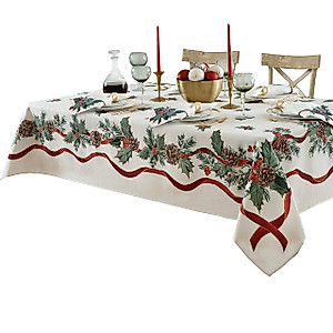 Lintex Evergreen Garland Double Ribbon Bordered Cottage Christmas Tablecloth, Holly and Pine Cone Country Xmas Holiday Easy Care Fabric Tablecloth, 52 Inch x 52 Inch Square