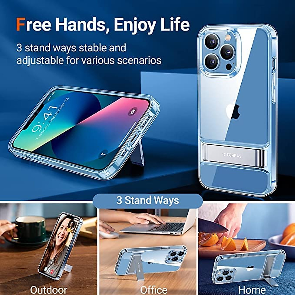 TORRAS MoonClimber iPhone 12 Pro Case/iPhone 12 Case [3 Stand Ways] [12X Armor-Level Protection] with Adjustable Metal Kickstand Shockproof Slim Transparent Stand Cases 6.1 inch, Clear