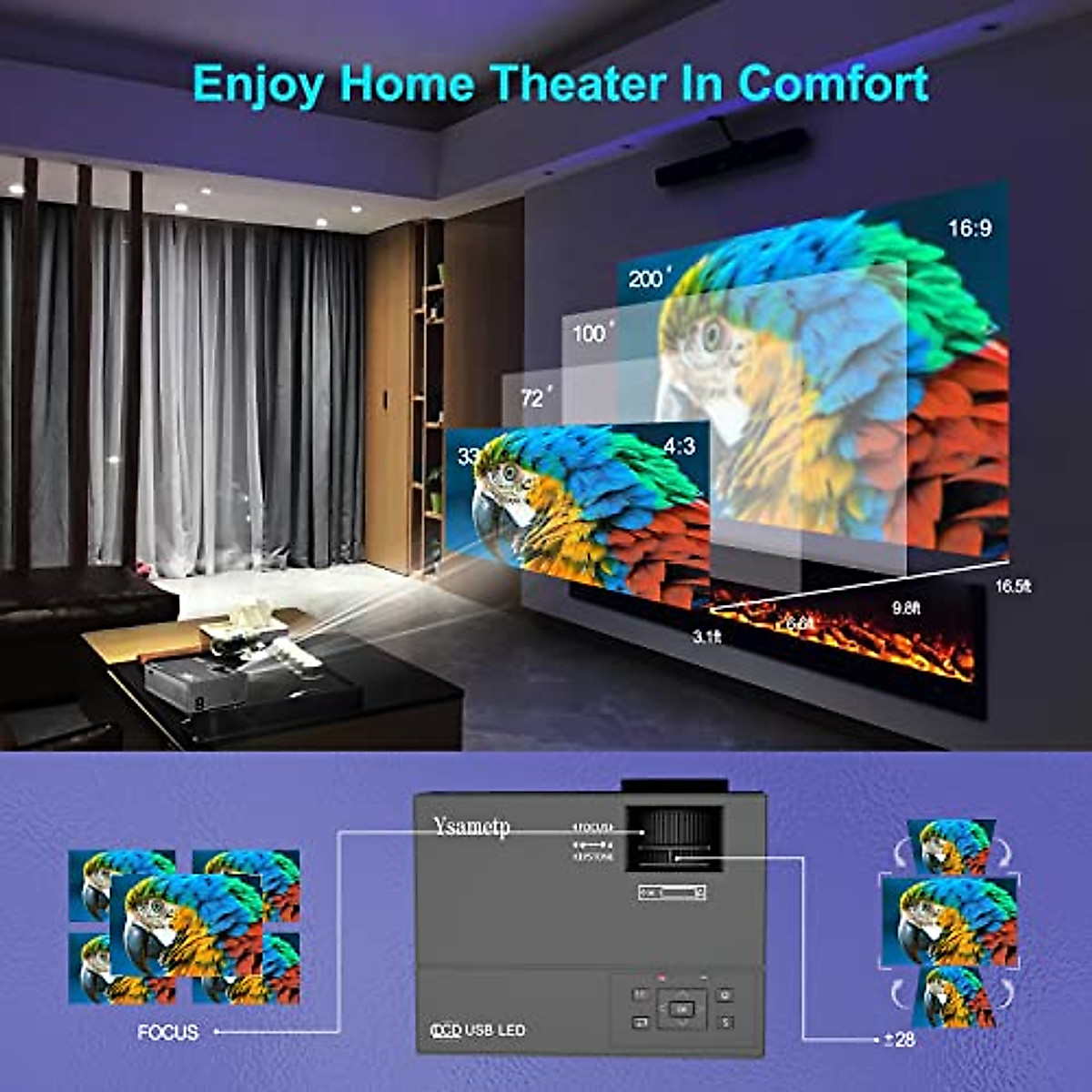 Mini Projector, 1080P Full HD 200” Screen Supported Video Projector, 9200Lux Home Theater Movie Projector Compatible w/Android/iPhone TV Stick HDMI VGA USB AV TF PC Laptop