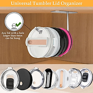 WSYLEN 2 Pack Tumbler Lid Organizer, Cup Lid Organizers Inside Cabinet for Yeti Tumbler/Stanley Tumbler Lids, Space Saving Cup Lid Holder and Hook for Kitchen Storage, Silver