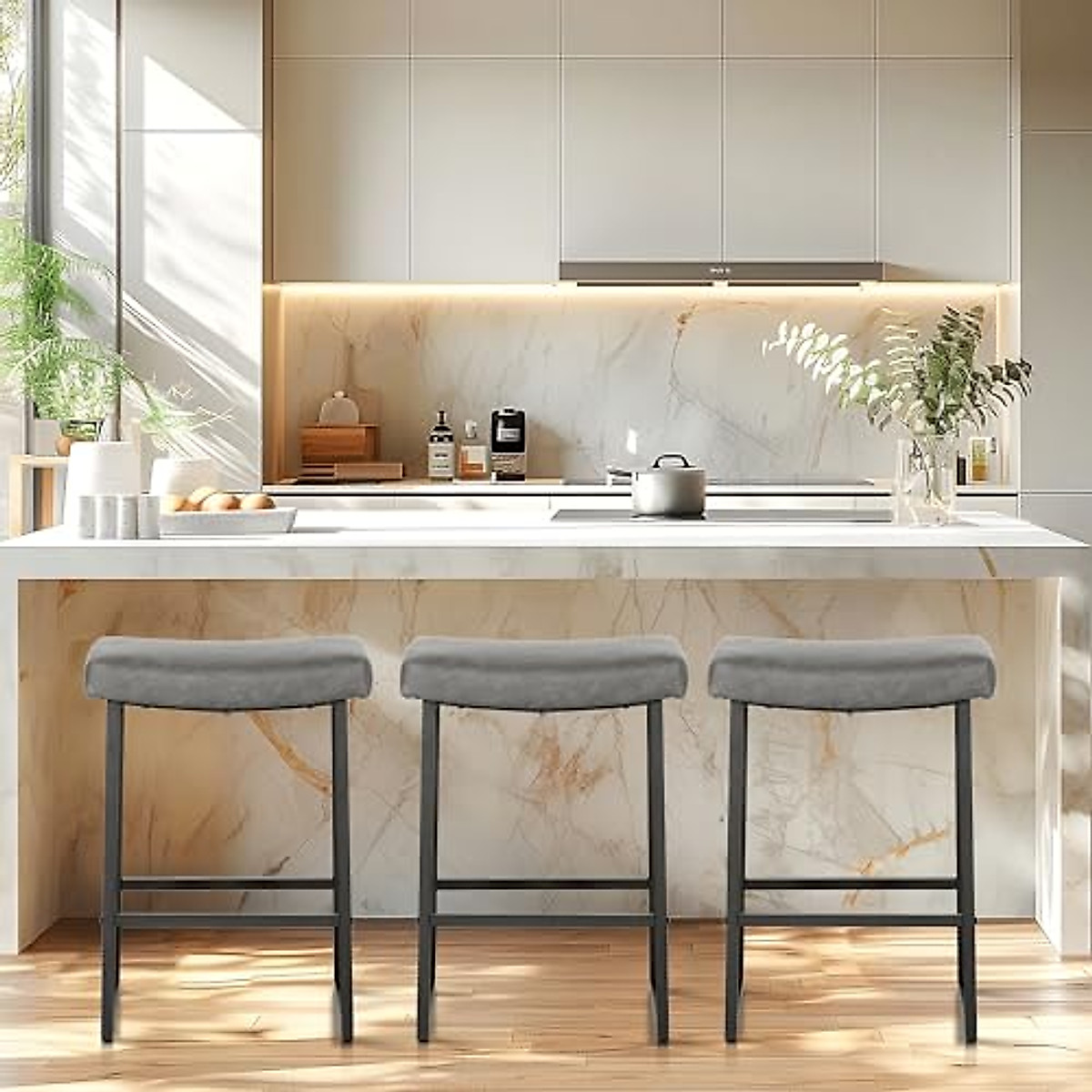 ALPHA HOME Bar Stools Backless Saddle Seat Barstools Modern PU Leather Cushion Counter Height Chairs Set of 2 for Kitchen Island, Dining Pub and Bistro, 24 Inches, Grey, 2PCS