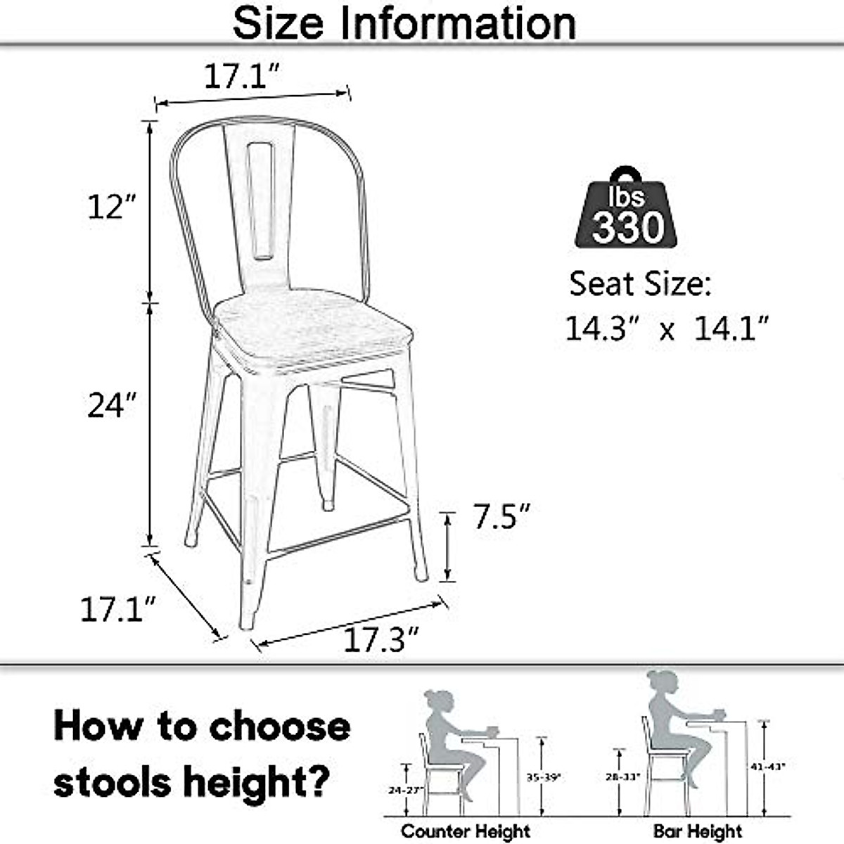 Aklaus Metal Bar Stools Set of 4,24 inch Barstools Counter Height Bar Stools with Backs Farmhouse Bar Stools with Larger seat High Back Kitchen Dining Chairs Modern Bar Chairs Matte Black Stool