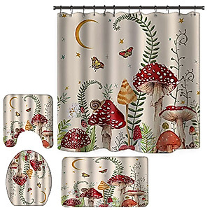 GUDAGUU 4 Piece Boho Mushroom Shower Curtain and Bath Mat Set,Butterfy Plant Moon Bohomian Bathroom Decor with Non Slip Rugs Mats Toilet Seat Cover Hooks Waterproof 71 Inch Long (Gray)