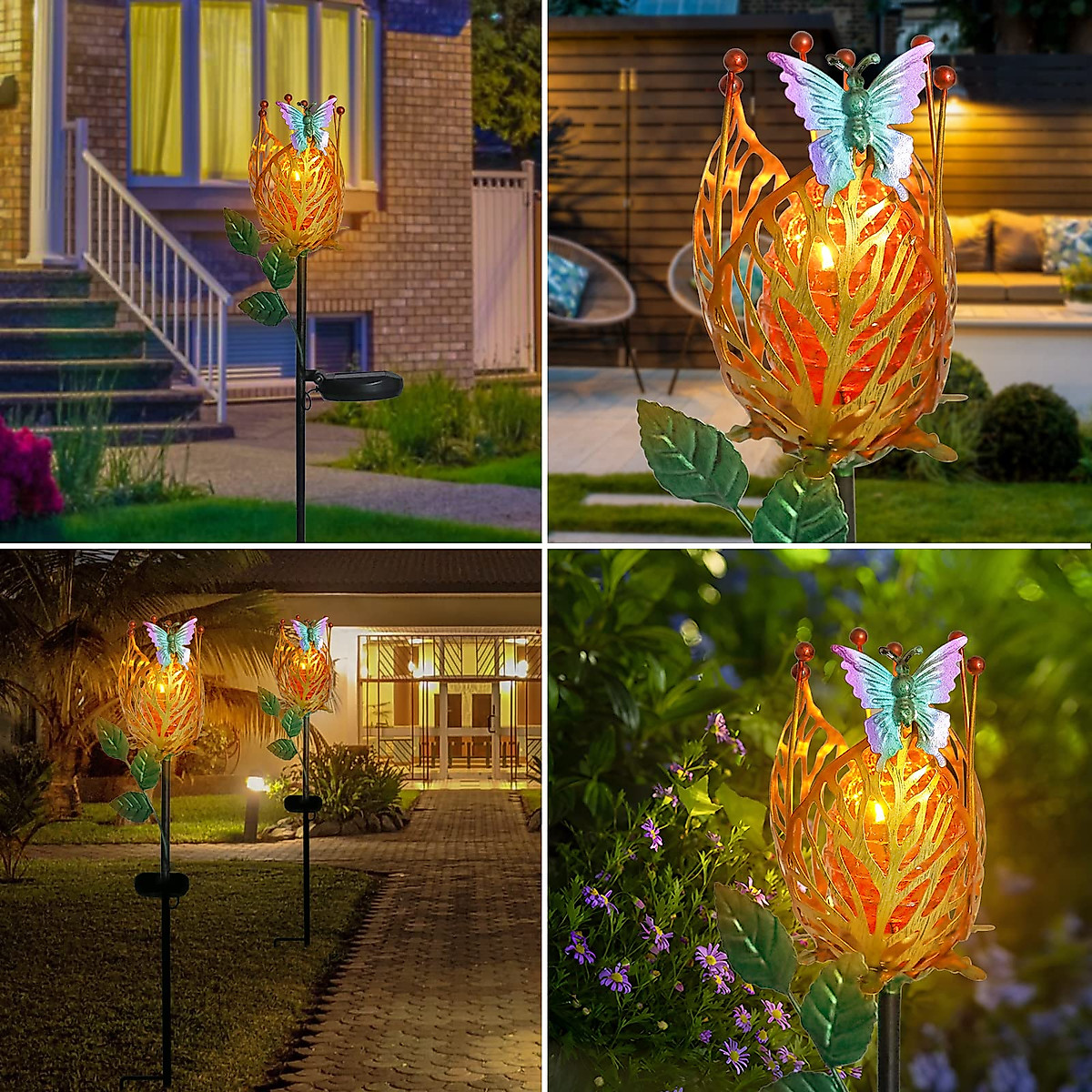 Solar Garden Lights Outdoor Decorative - Flower Solar Garden Stake Lights with Butterfly Landscape Path Lights Waterproof Solar Pathway Lights for Garden, Lawn, Patio, Yard Decorative（Yellow）