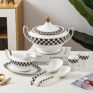 Porlien Checker Dinner Serving Set with Soup Tureen, Soup Ladles, Gravy Boat with Ladle and Stand and Salt & Pepper Shaker