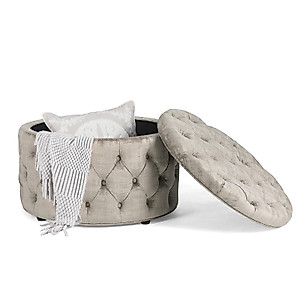 Homebeez 28 Inch Round Velvet Storage Ottoman, Button Tufted Footrest Stool Bench Coffee Table for Living Room (Beige)