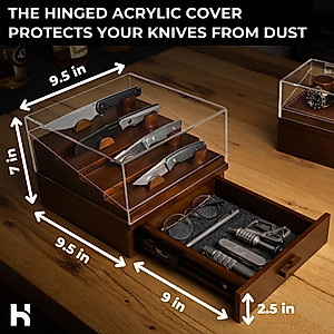 Luxury Knife Display Case for Fixed Blades and Pocket Knives – Large Drawer & Solid Wood Pillars – Wooden Knife Box – Display ESEE Knives, Benchmade, WESN and More – Christmas Gift for Men