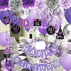 40th Birthday Decorations Women Purple Silver Black/40 Birthday Party Decorations Purple Silver Black Foil Hanging Swirls with Balloons Banner for Women 40th Birthday Party Supplies