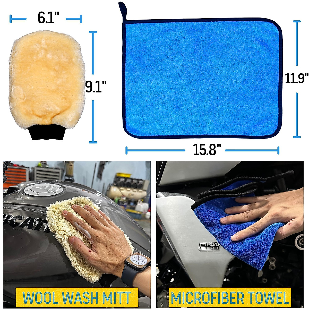 Motorcycle Cleaning Brush Kit 6 Pack, Easy Reach Brush, Chain Brush,Wool Wash Mitt, Stiff Tire Brush, Detailing Brush& Microfiber Towel for Motorcycle Mudguard, Rims,Exhaust, Frame Detailing Wash Kit