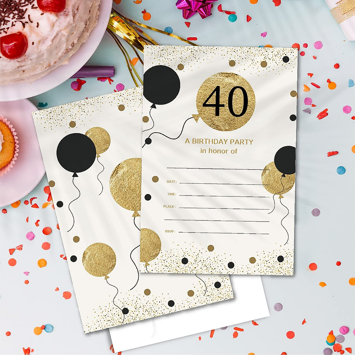 VNWEK 40th Birthday Party Invitations With Envelopes,Black and Gold Balloons Double-sided Printed Birthday Invitation Invite Cards for Women Men,40 Year Old Birthday Invites(20 Sets)